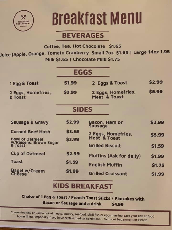 Menu at Riverside Restaurant, Springfield