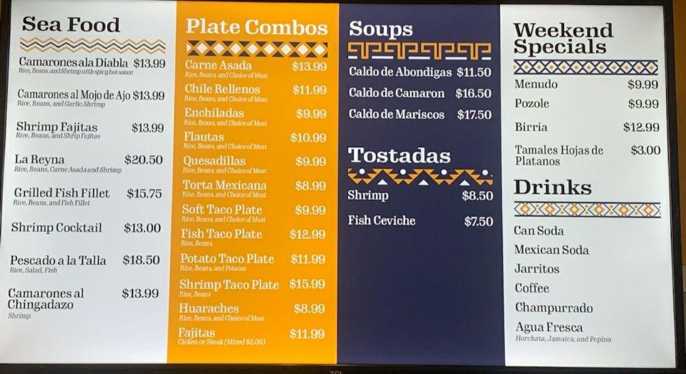 Menu at Tacos Jalisco restaurant, Ventura