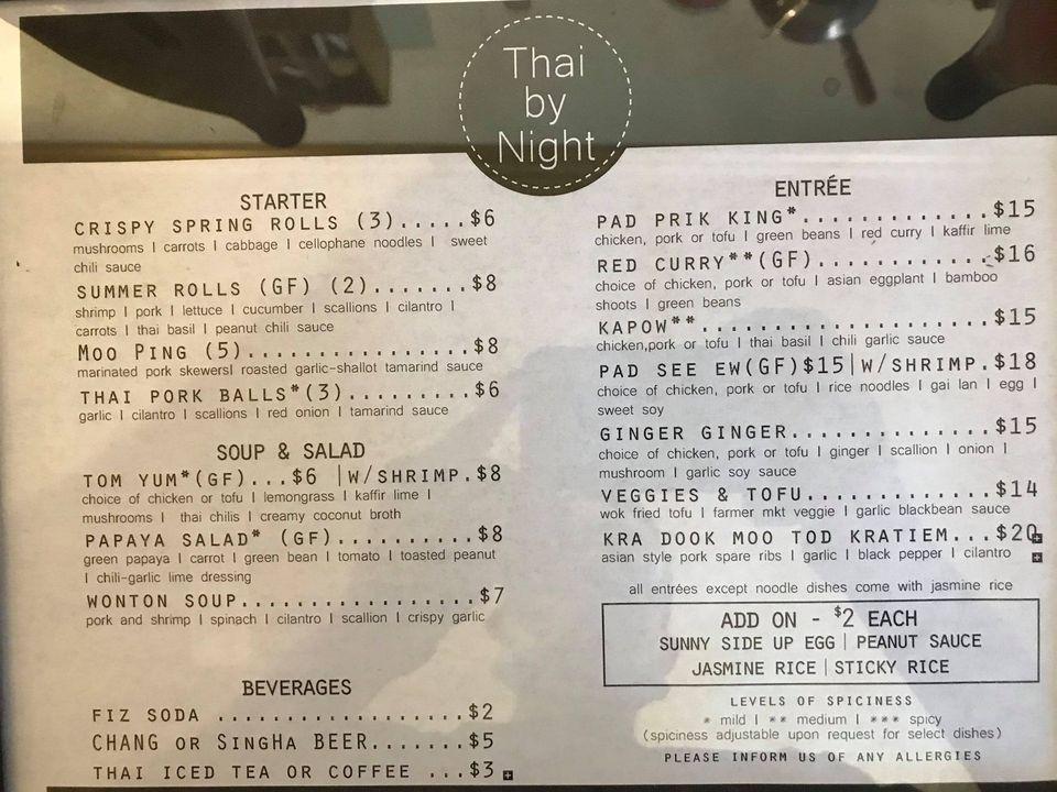 Menu at Thai by Night restaurant, Canandaigua