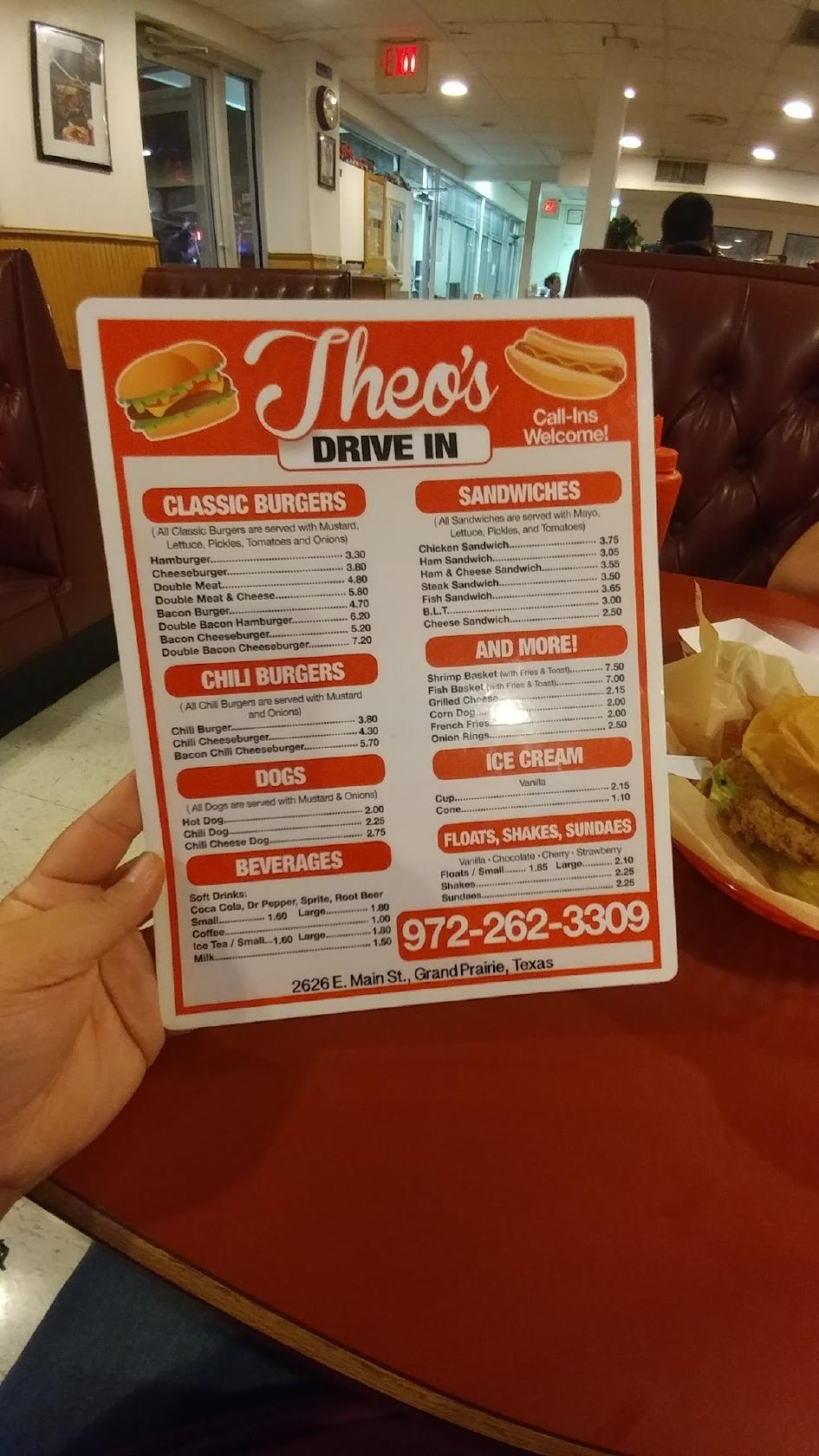 Menu at Theo's Drive-In fast food, Grand Prairie
