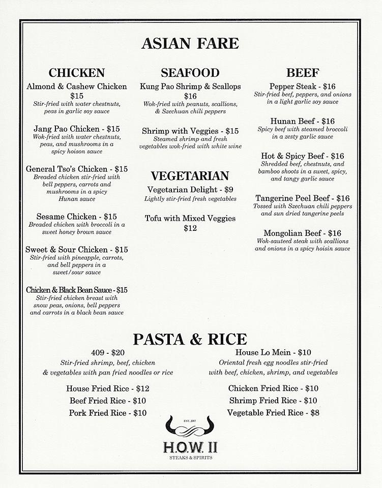 Menu at H.O.W. II steakhouse, Kinston