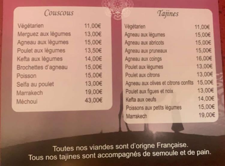 Menu au Le Marrakech restaurant, Istres