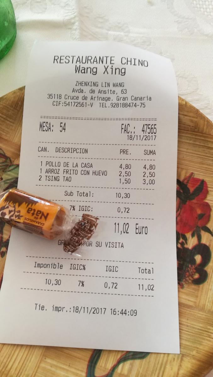 Carta de Restaurante Chino Wang Xing, Cruce de Arinaga