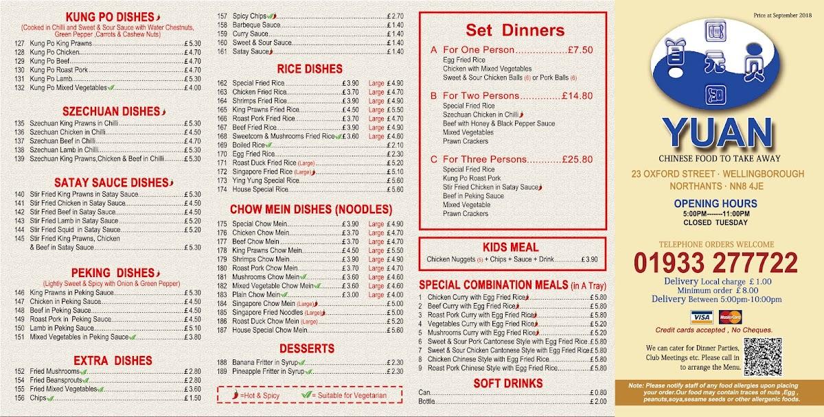 Menu at Yuan fast food, Wellingborough