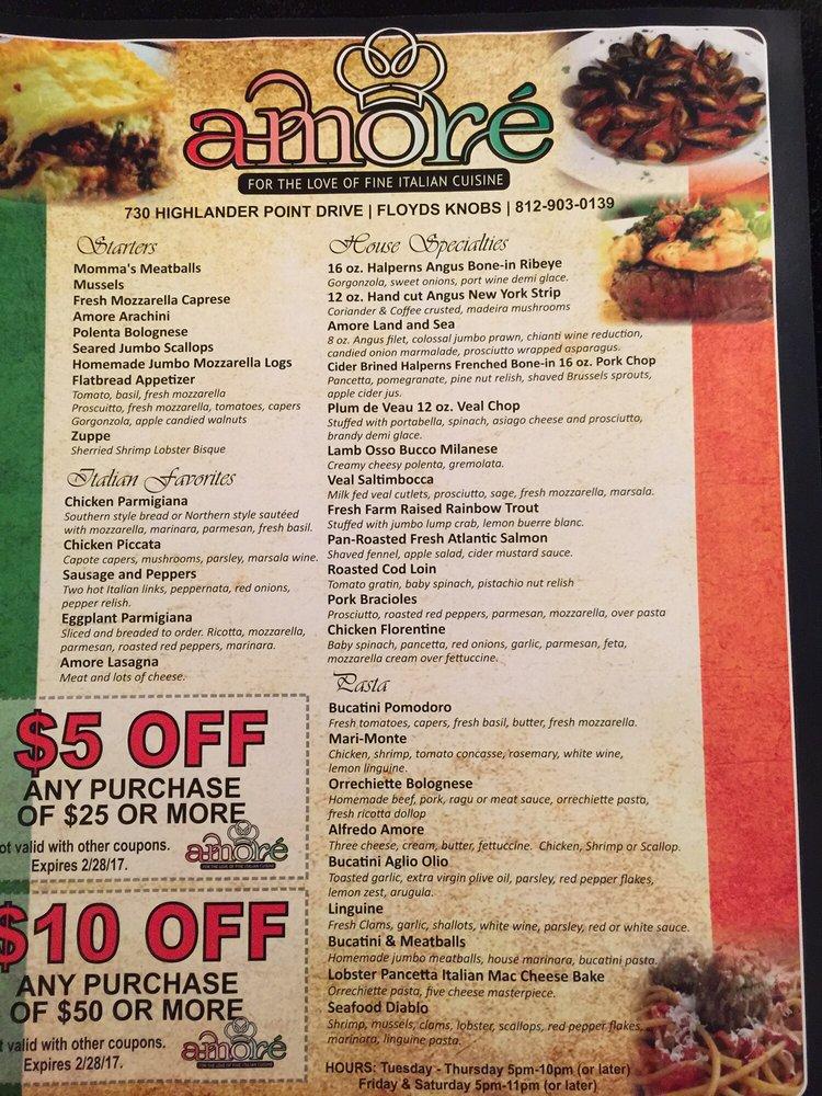 Menu at Amore Fine Italian Ristorante restaurant, Floyds Knobs