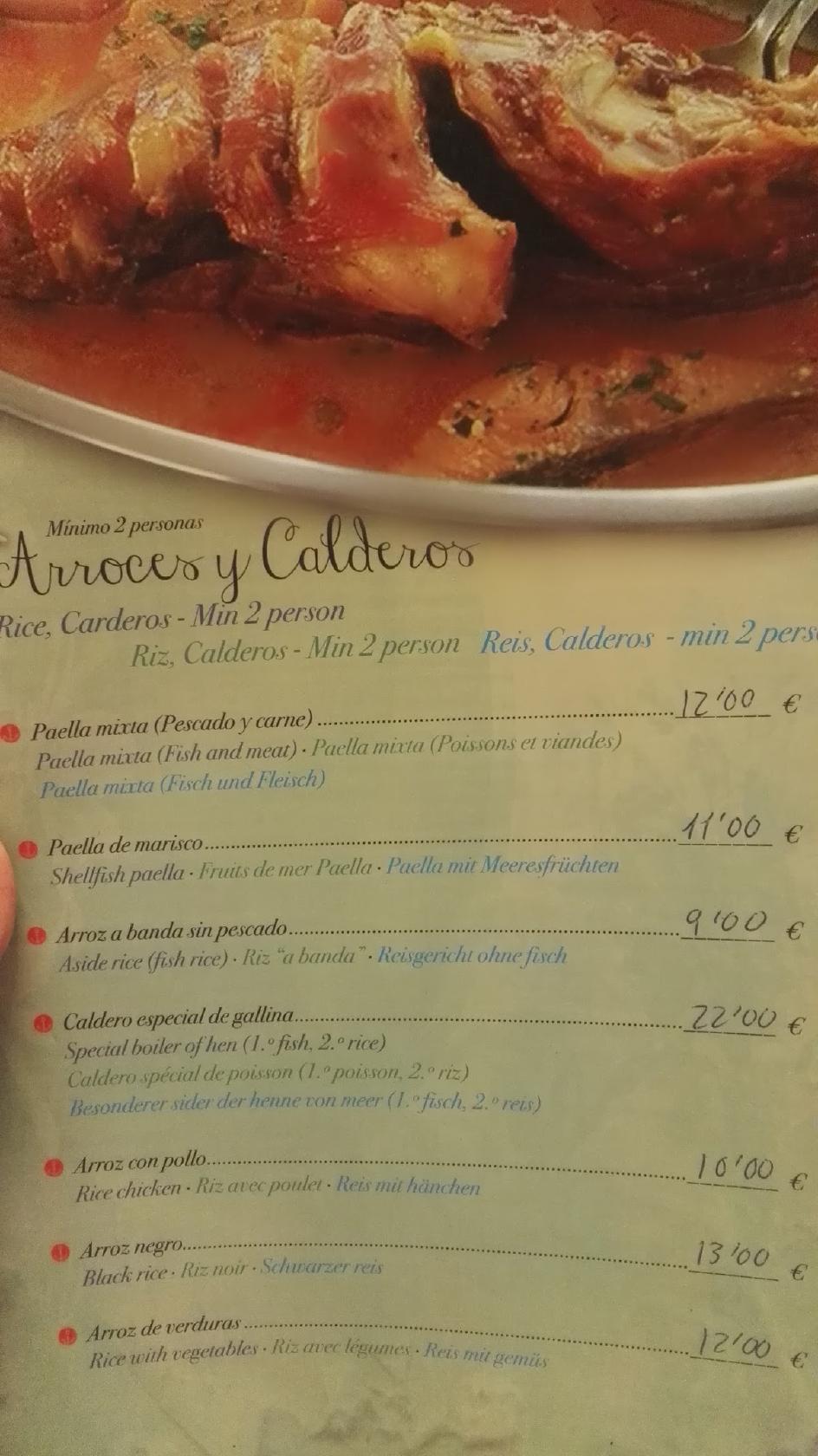 Menu at Casa Ramos restaurant, Tabarca, Partida de Tabarca Isla