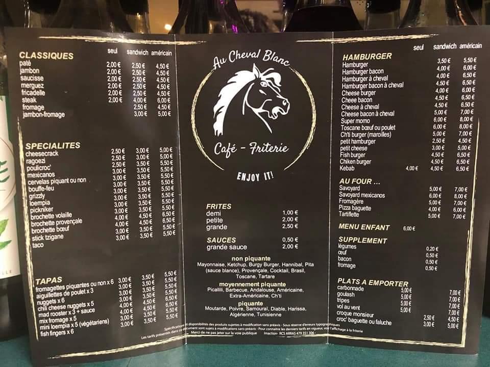 Menu au friterie provinnoise restaurant, Provin