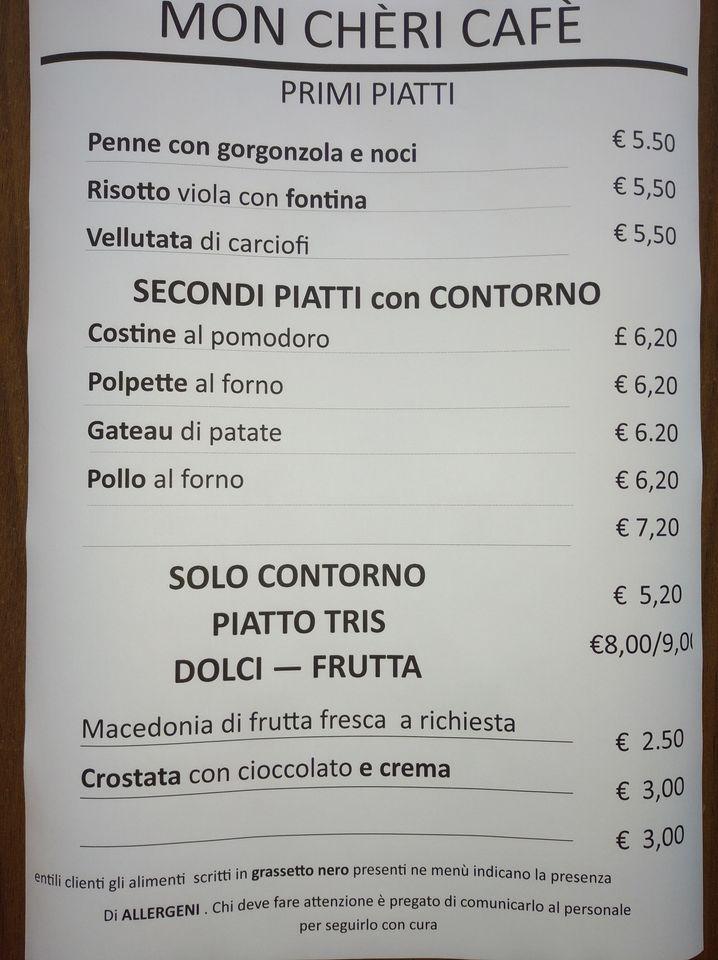 Menu at Mon Chèri Cafè pub & bar, Turin