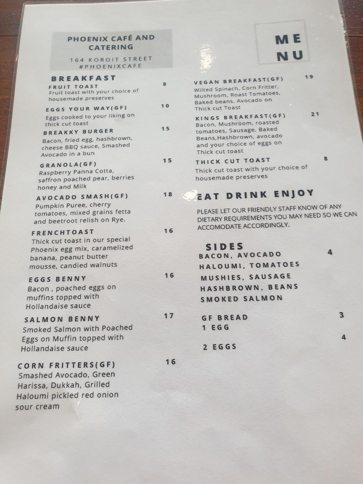 Menu at Phoenix Cafe and Catering, Warrnambool