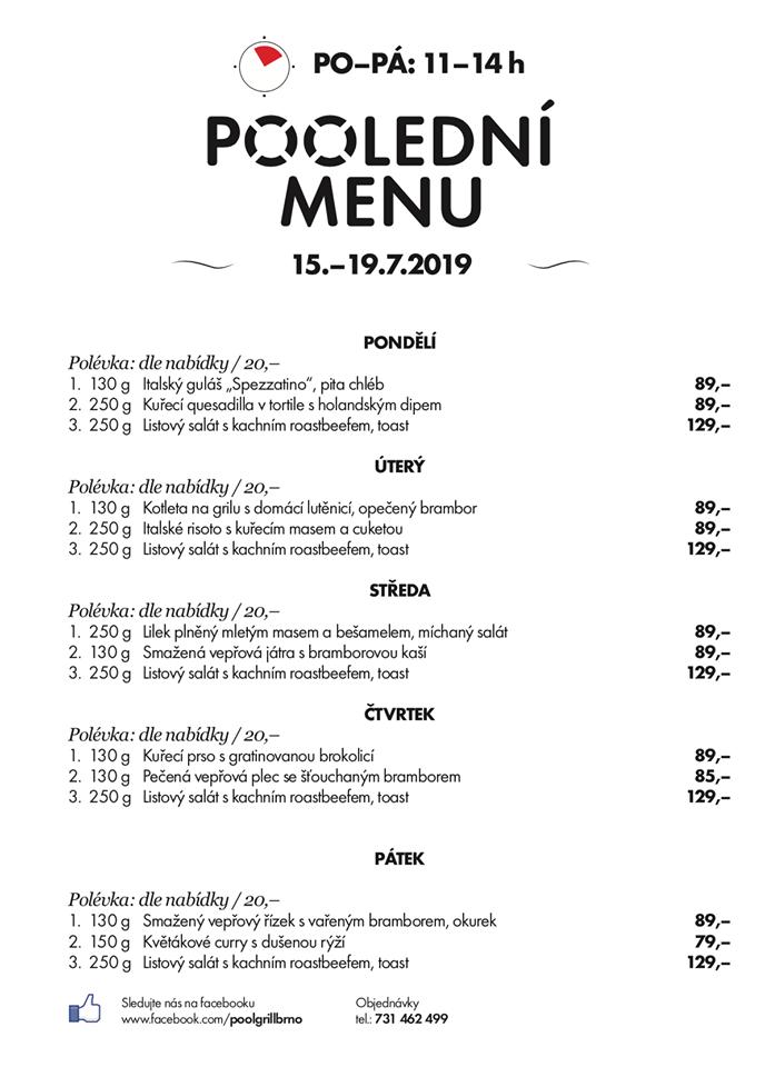 Menu at Pool Grill restaurant, Brno