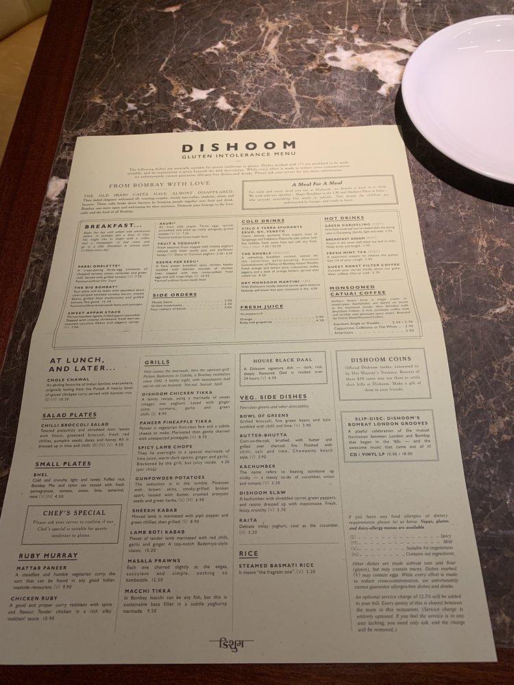 Menu at Dishoom Manchester restaurant, Manchester