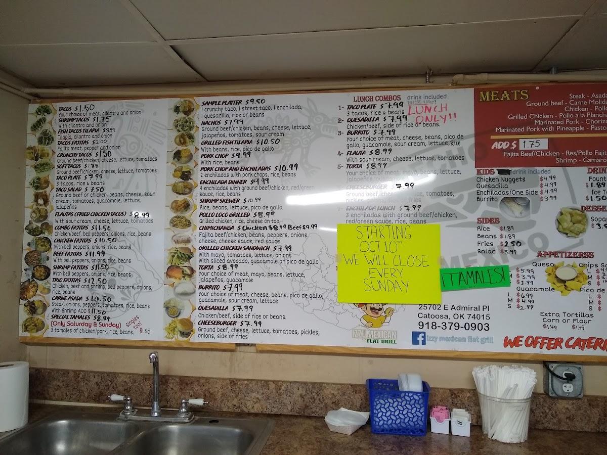 Menu at Izzys Mexican Flat Grill restaurant, Catoosa