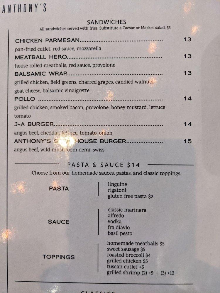 Menu at Jacob & Anthony Italian restaurant, Albany