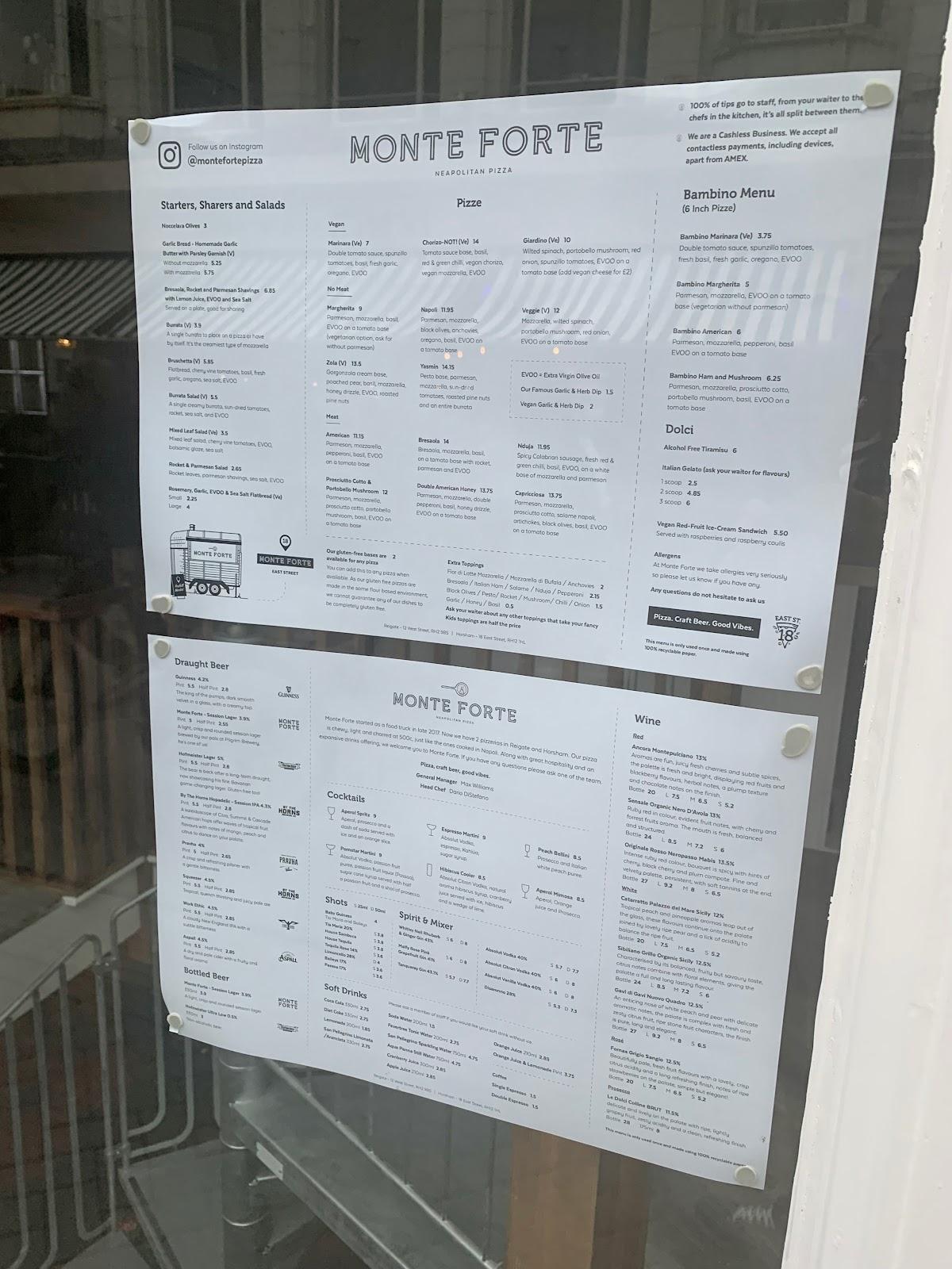 Menu at Monte Forte - Neapolitan Pizza (Horsham) restaurant, Horsham
