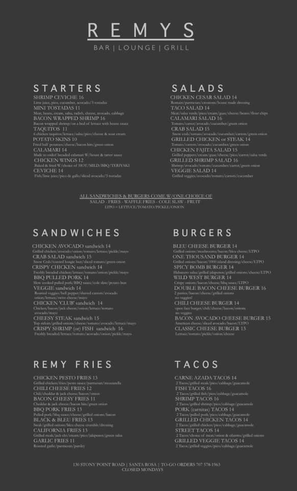 Menu at Remy's Bar & Grill, Santa Rosa