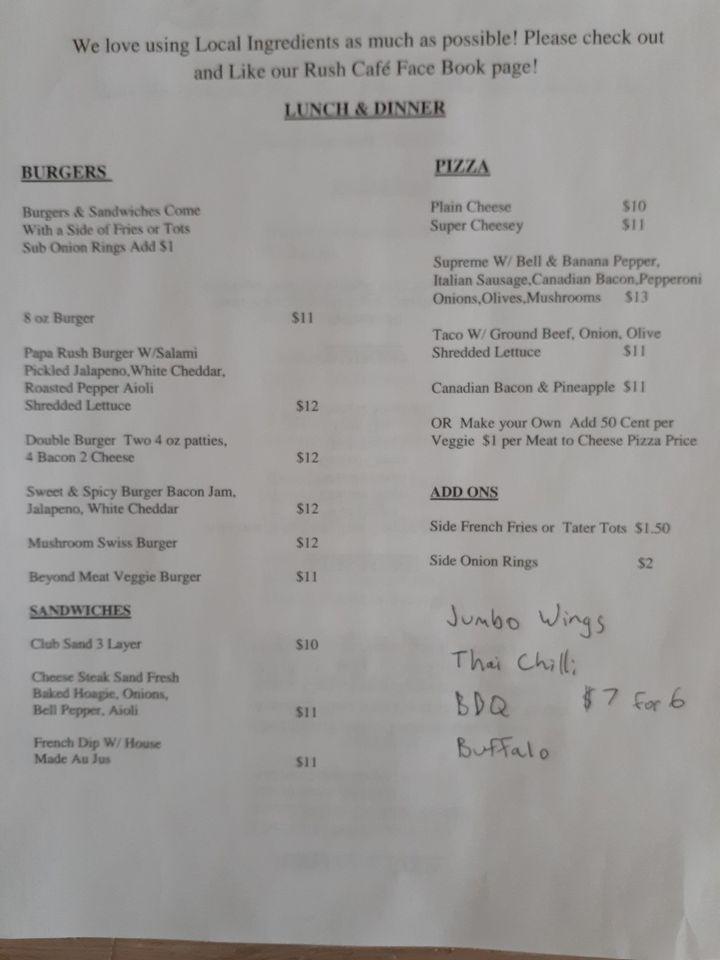 Menu at Rush Cafe, Rush