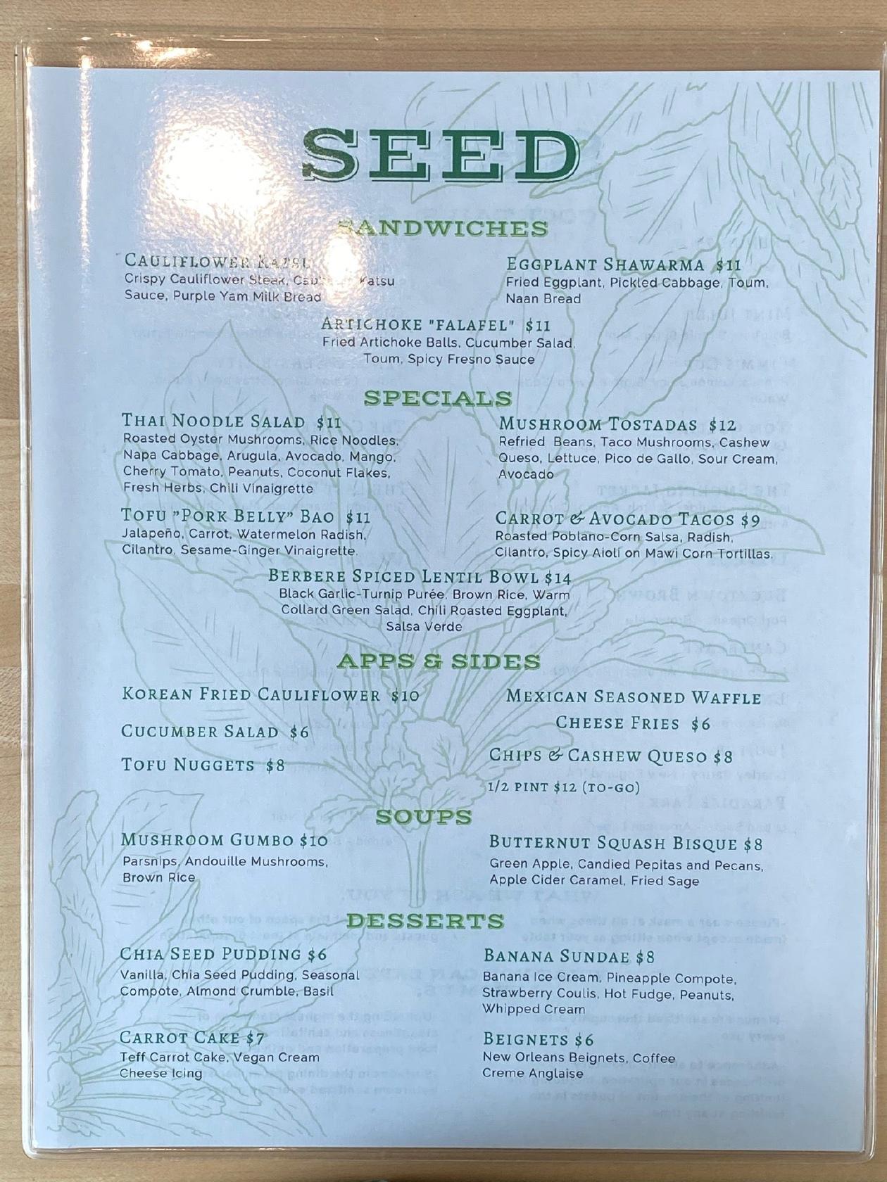 Menu at Seed restaurant, New Orleans, Prytania St