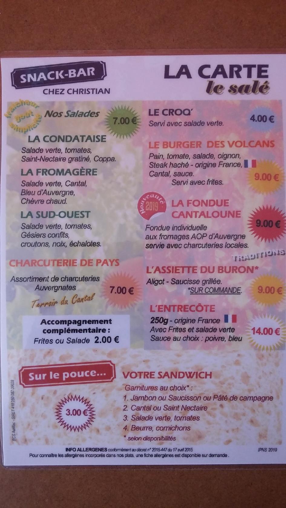 Menu au Snack Bar Chez Christian, Condat