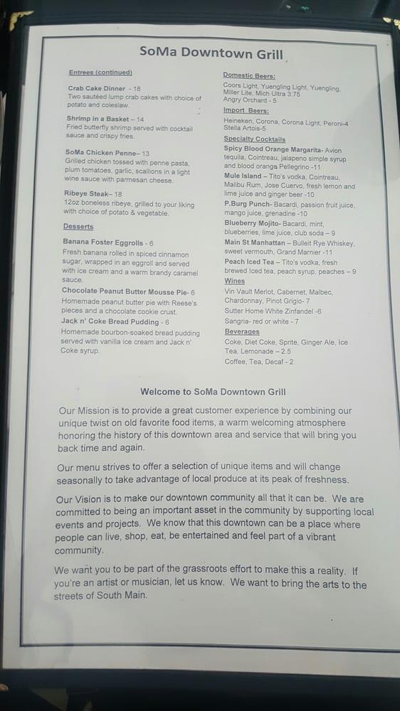 Menu at Soma Grille restaurant, Phillipsburg