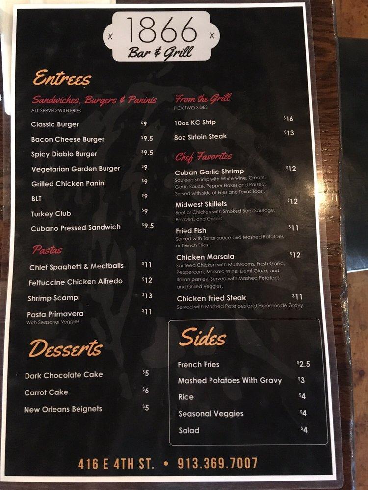 Menu at 1866 Bar & Grill, Tonganoxie