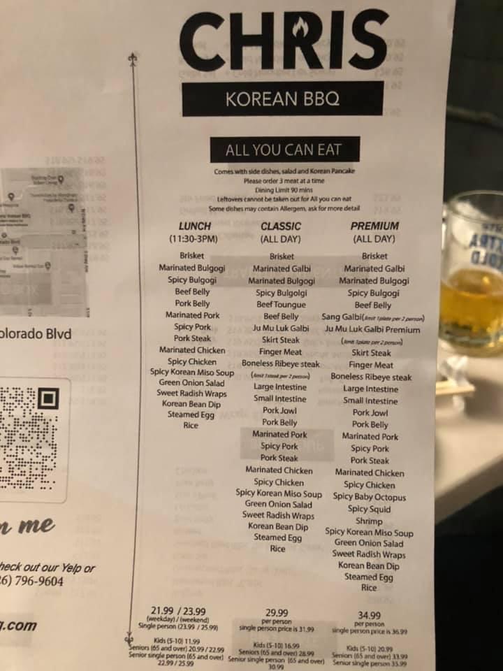 Menu at Chris’ Korean BBQ, Pasadena