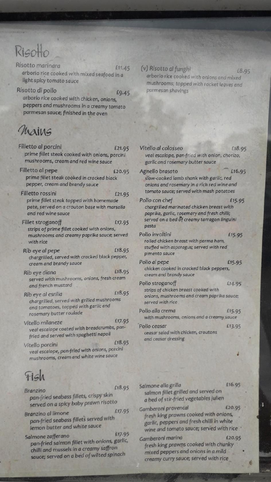 Menu at Colosseo restaurant, Birch Vale