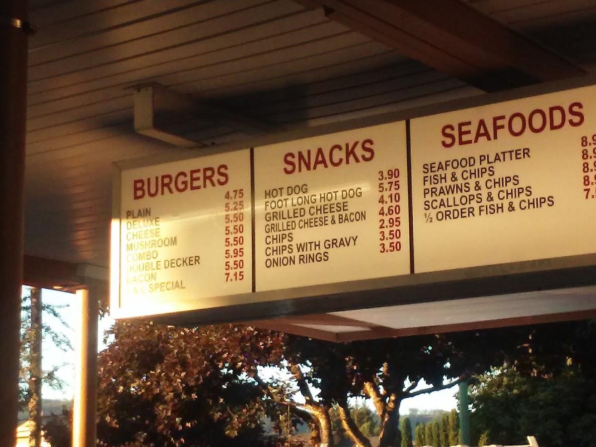 Menu at J & L Drive-In fast food, Port Alberni