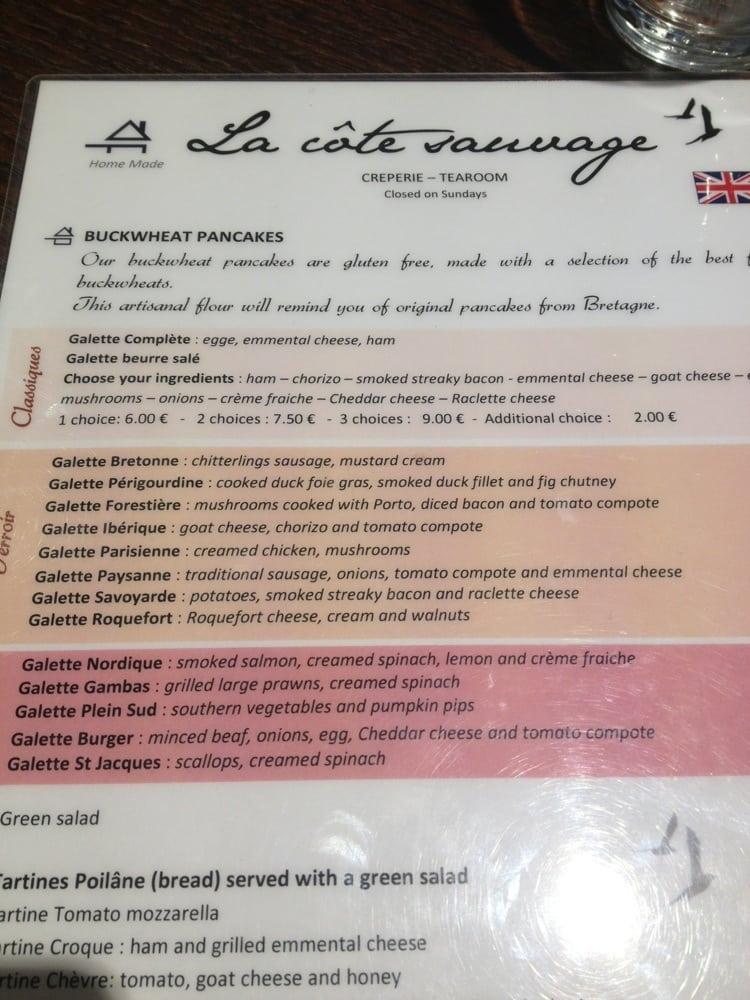 Menu at La COTE Sauvage restaurant, Paris