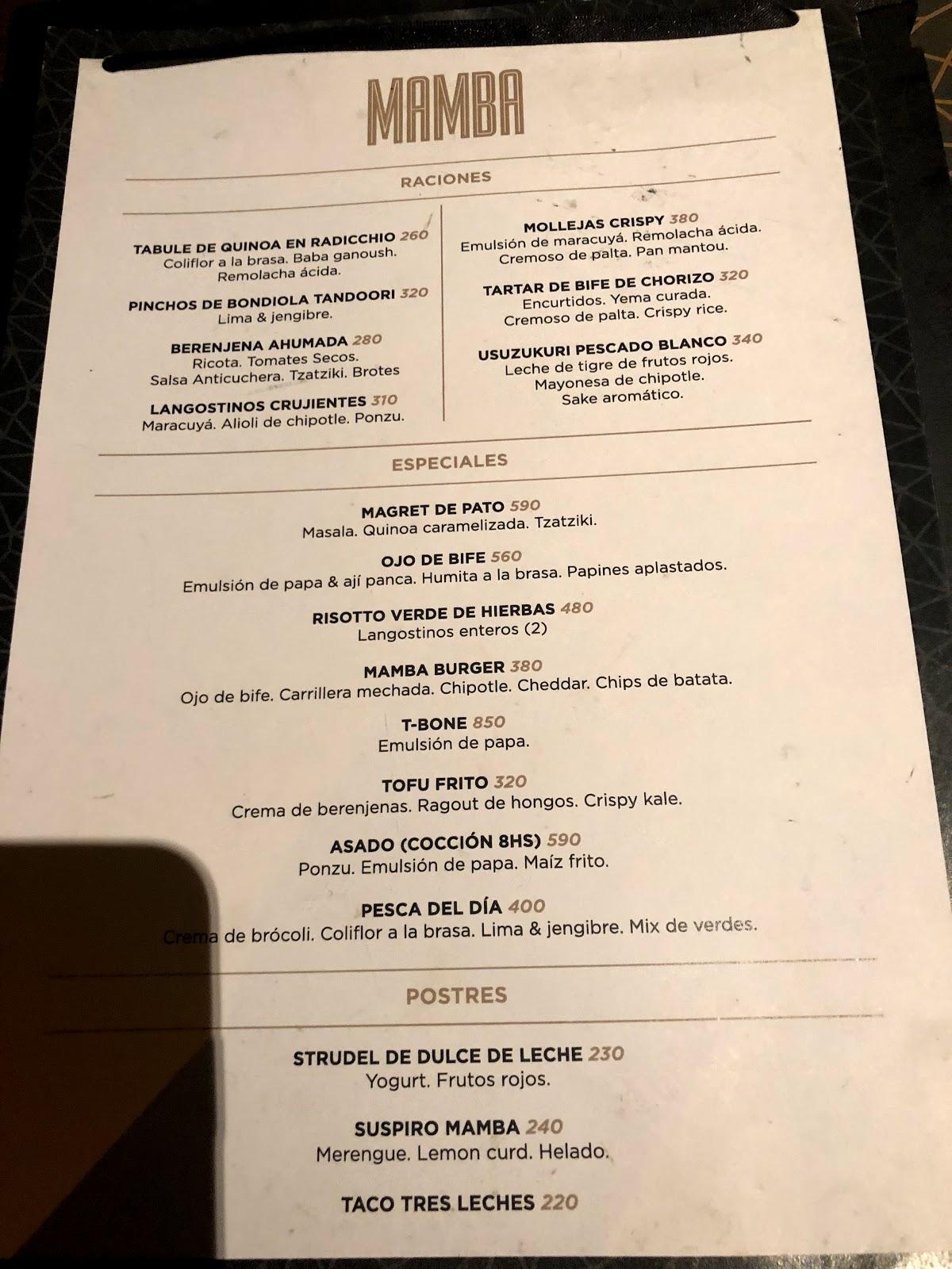 Menu at MAMBA Buenos Aires pub & bar, Buenos Aires