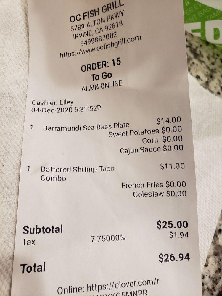 Menu at OC Fish Grill restaurant, Irvine