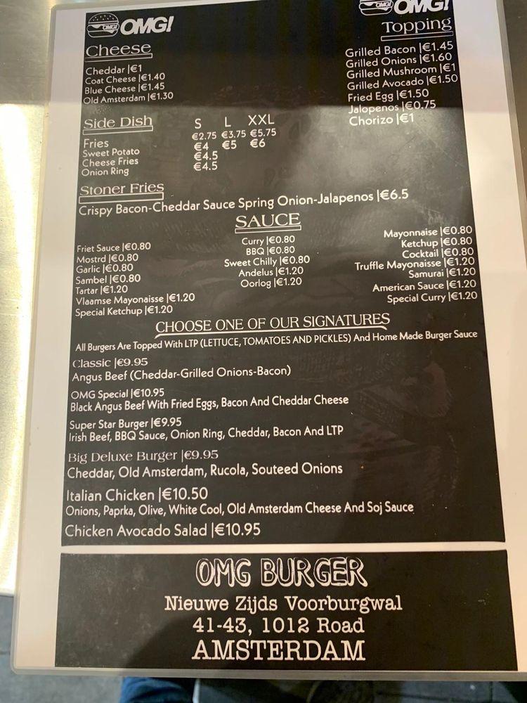 Menu at OMG! Burger, Amsterdam