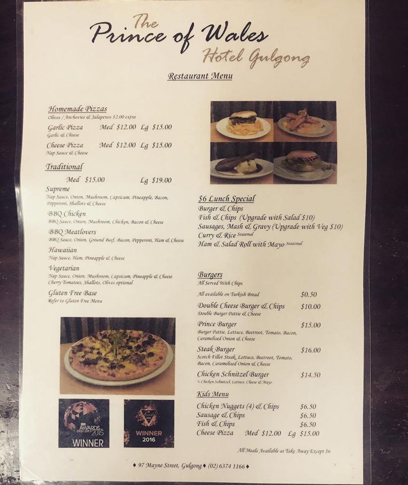 Menu at Prince Of Wales Hotel pub & bar, Gulgong