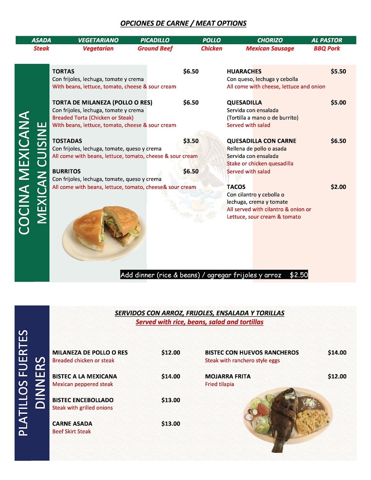 Menu at Pupusería Rinconcito Hispano restaurant, Des Plaines
