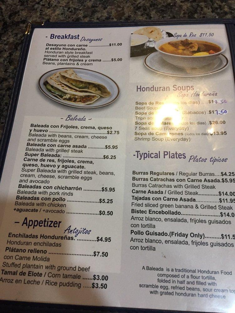 Carta del restaurante Rincón Hondureño, Chelsea