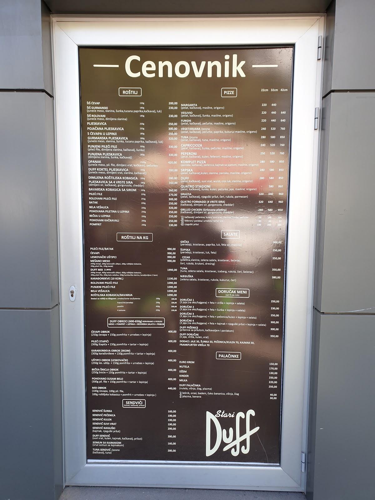 Menu at Stari Duff restaurant, Belgrade