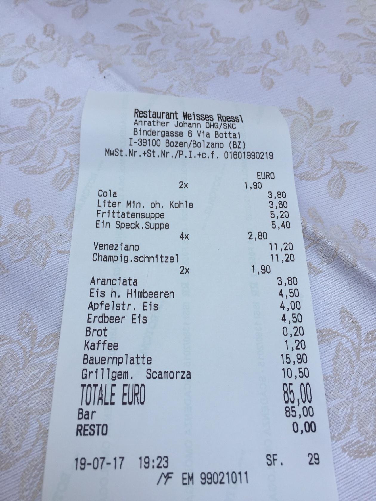 Menu da Cavallino Bianco / Weißes Rössl ristorante, Bolzano
