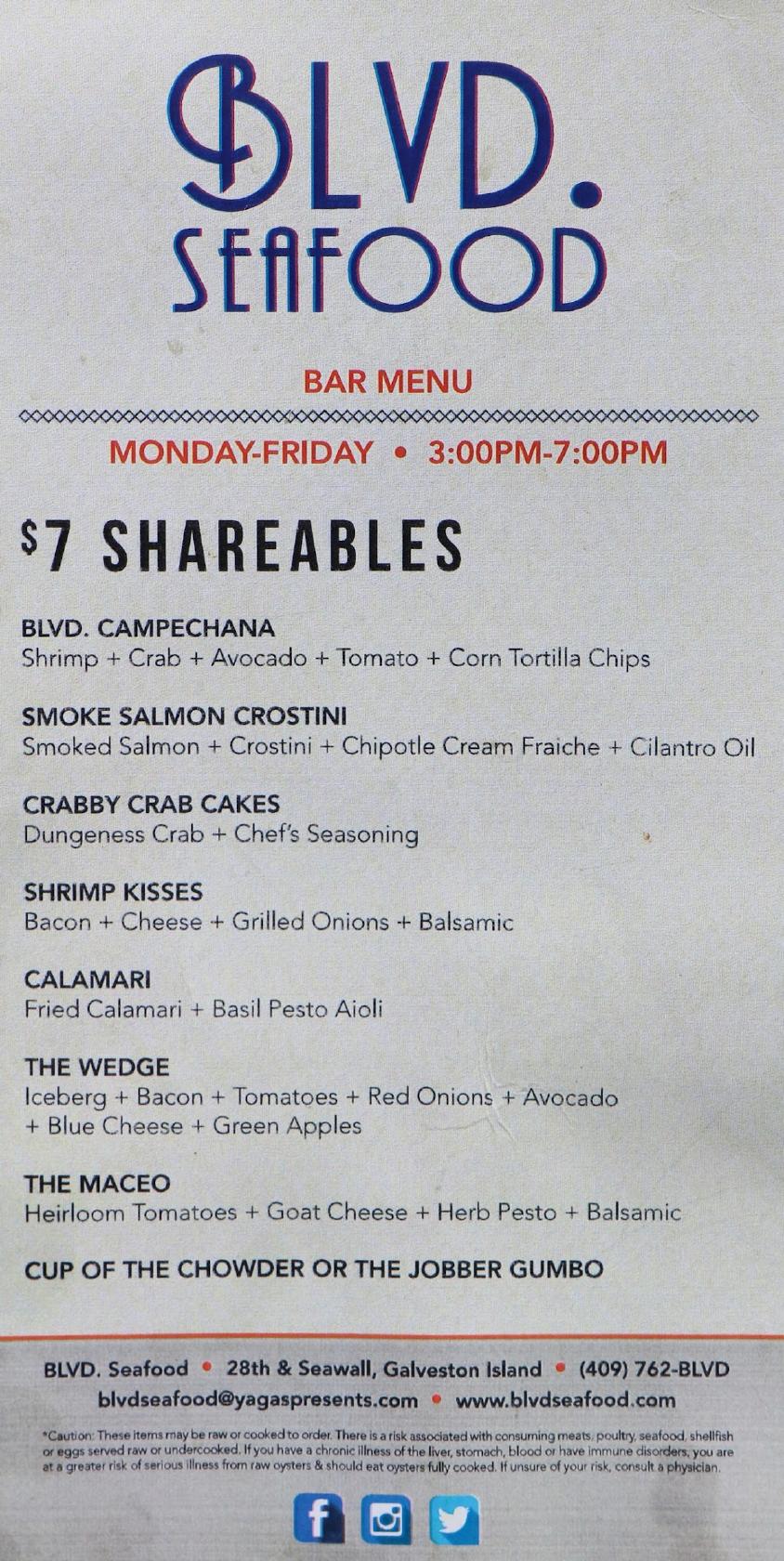 Menu at BLVD Seafood steakhouse, Galveston