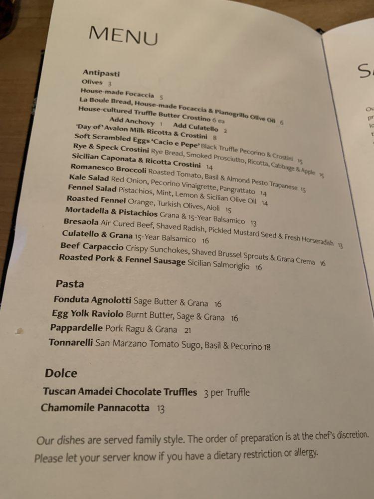 Menu at Bar Bricco, Edmonton