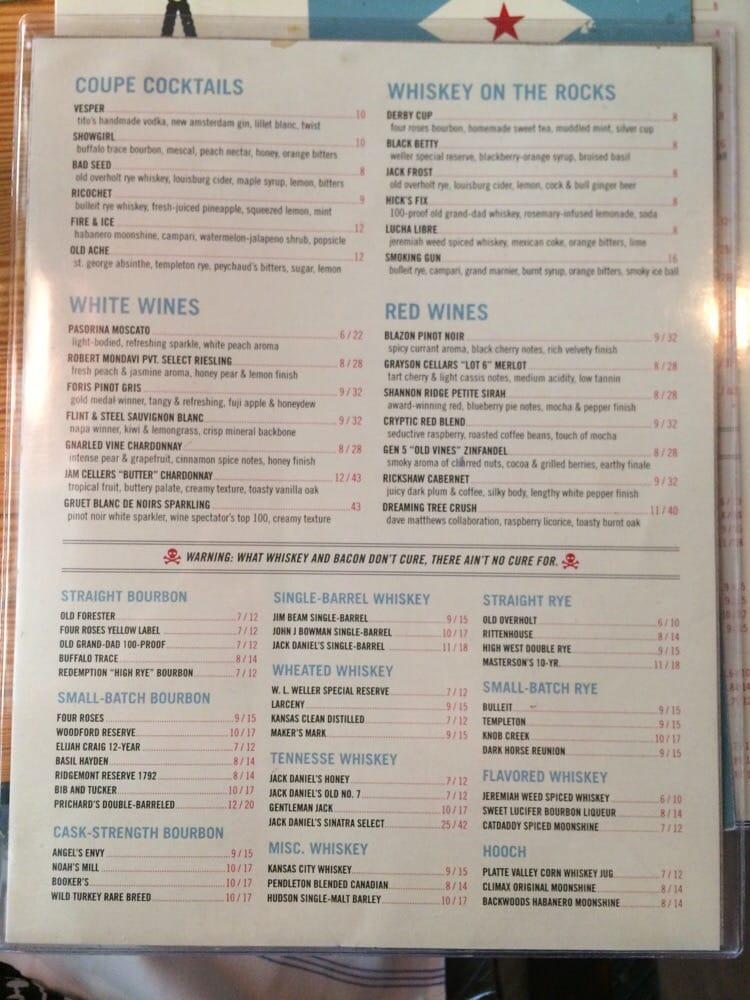 Menu at Char Bar, Kansas City
