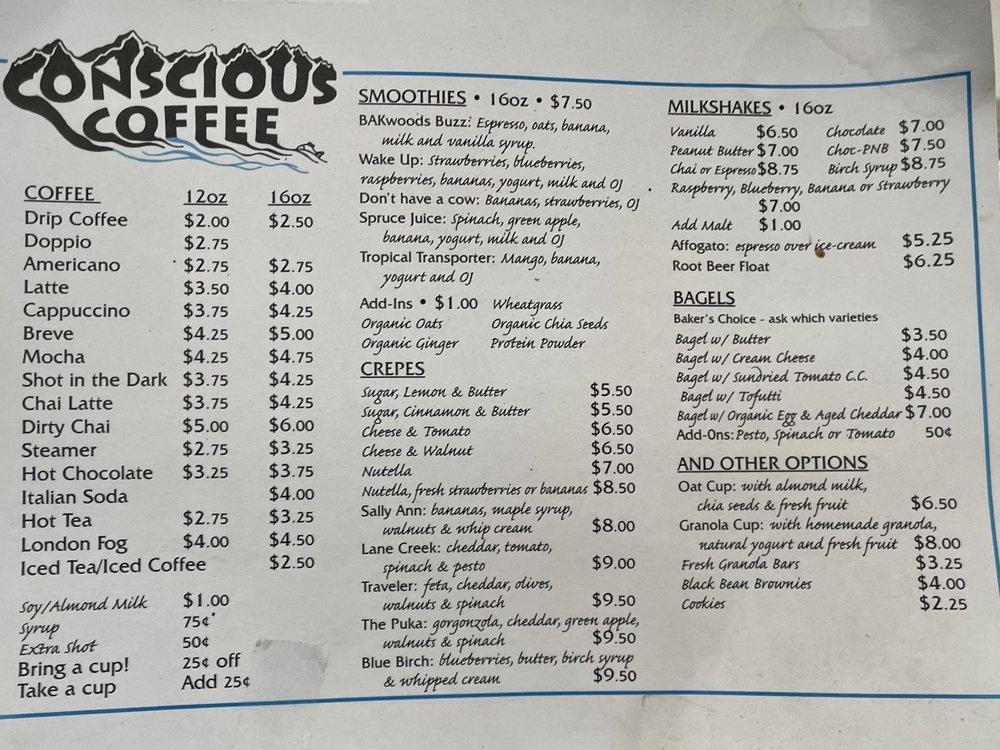 Menu at Conscious Coffee cafe, Talkeetna
