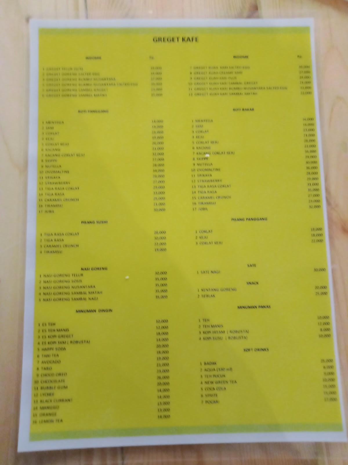 Menu at Greget Kafe cafe, Gelam Jaya