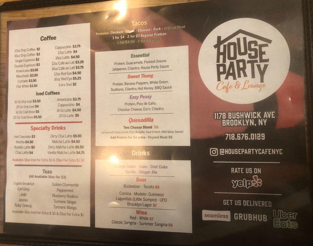 Carta de House Party Cafe & Lounge, Nueva York