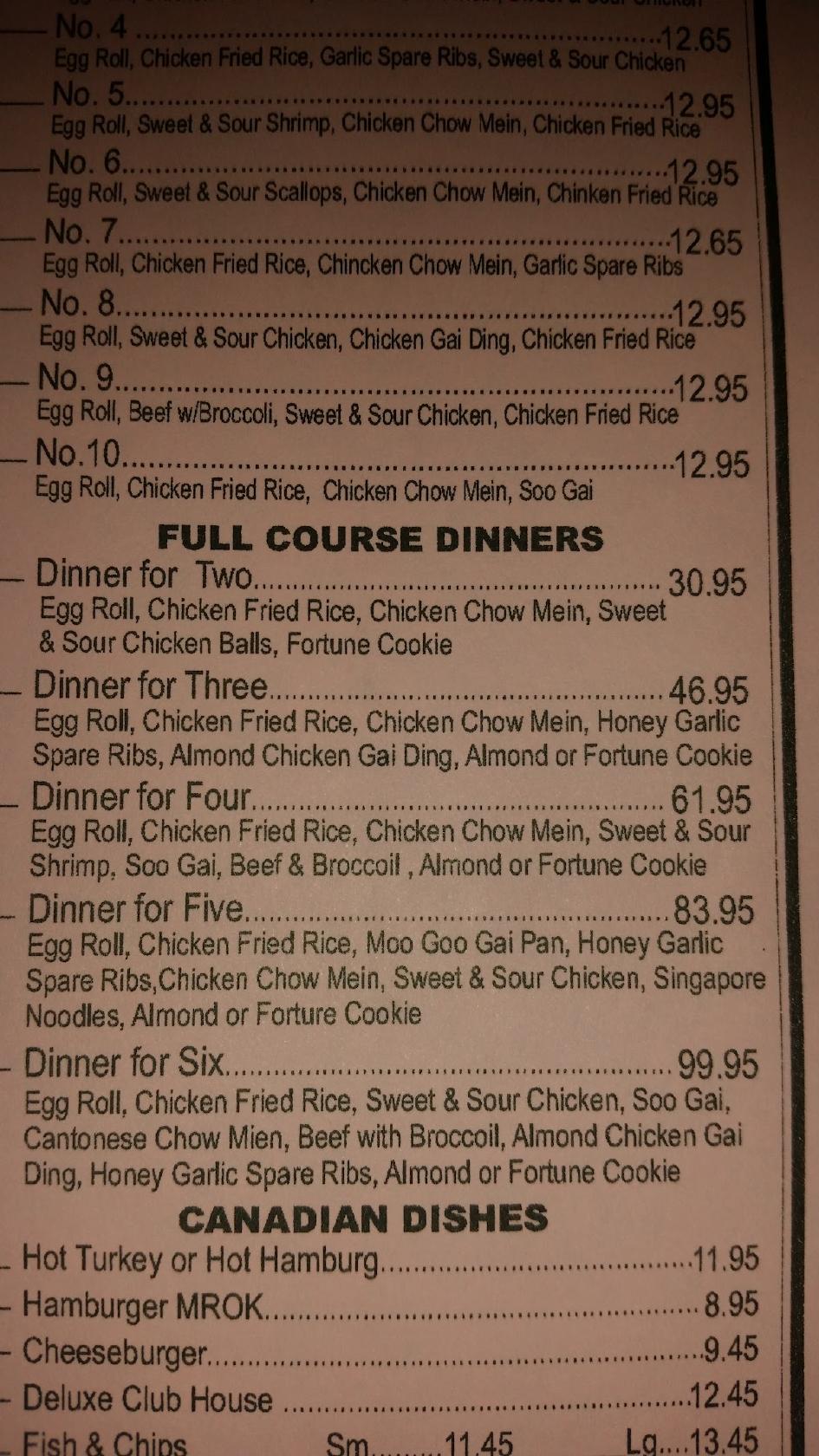 Menu at Huang's Restaurant, Sydney