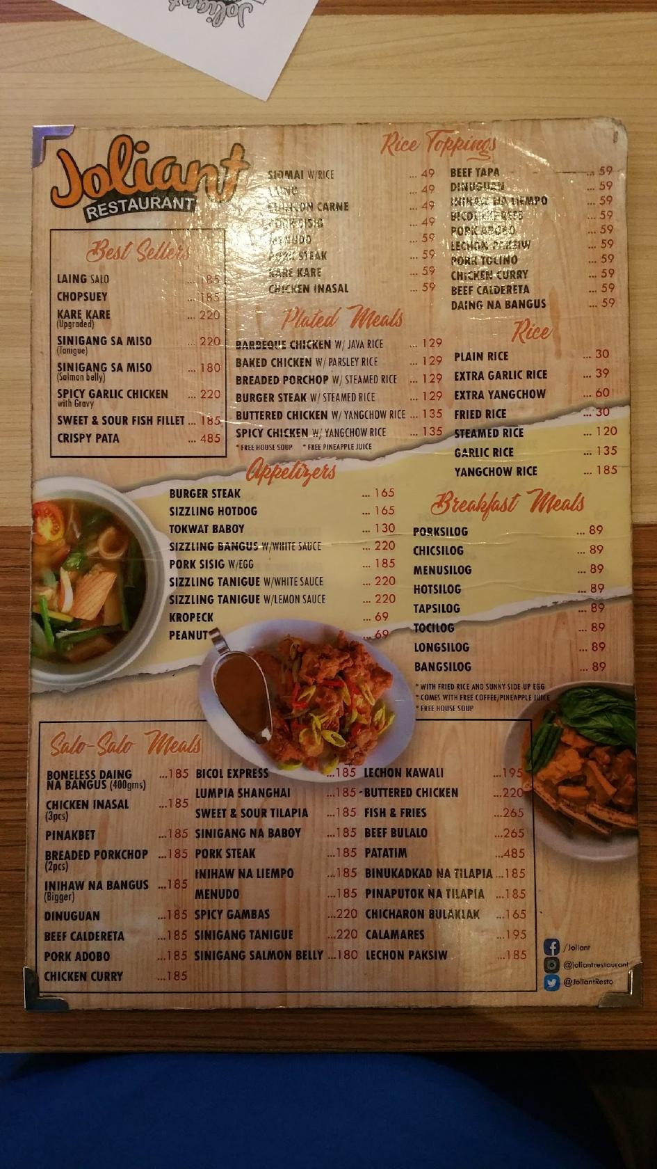 Carta de Joliant Restaurant Betterliving, Parañaque, 155 Doña Soledad Ave