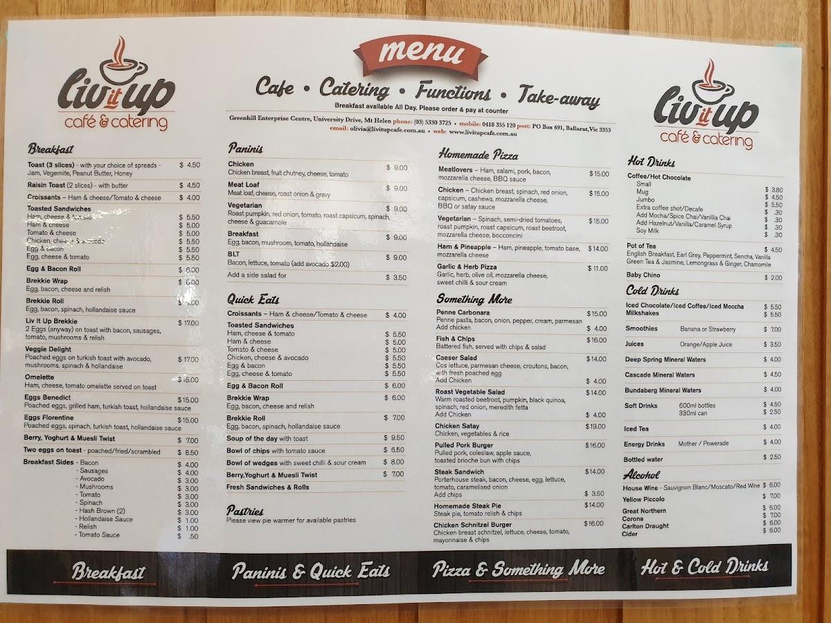 Menu at Liv It Up Cafe, Mount Helen