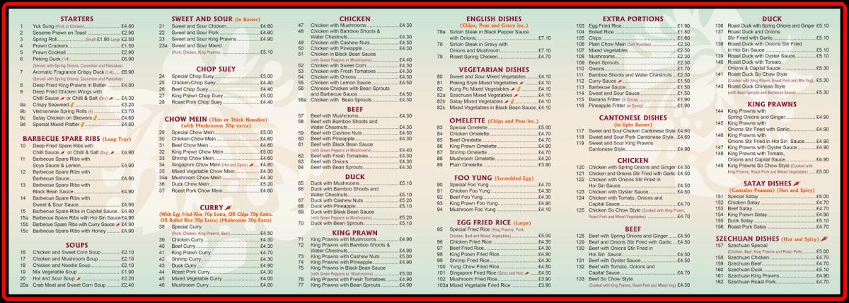Menu at Oriental Express fast food, Studley
