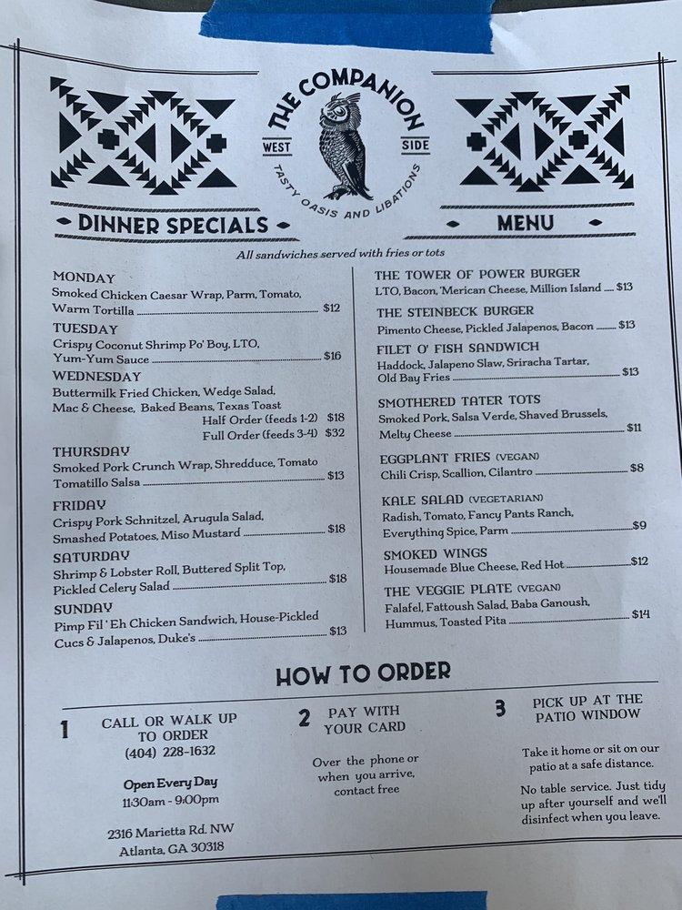 Menu at The Companion pub & bar, Atlanta