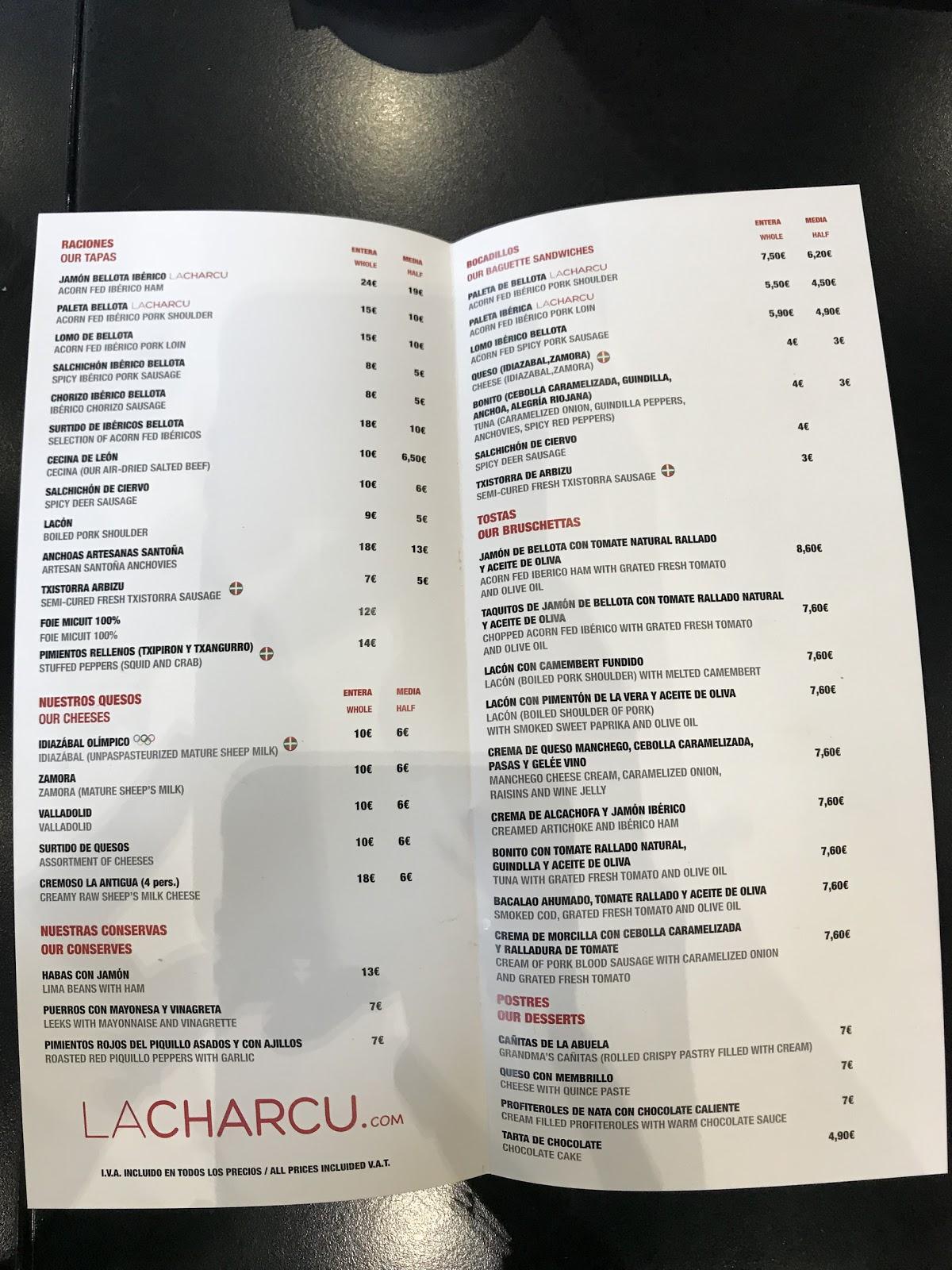 Menu at la charcu pub & bar, Bilbao