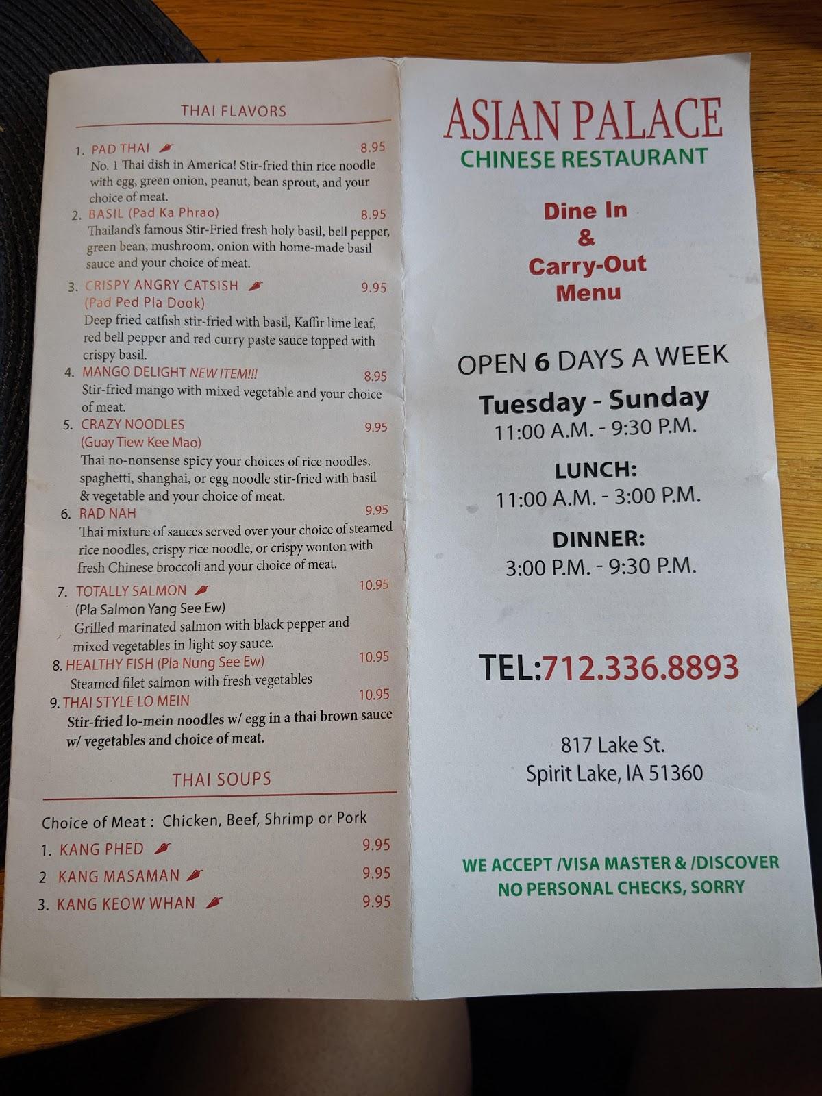 Menu at Asian Palace restaurant, Spirit Lake