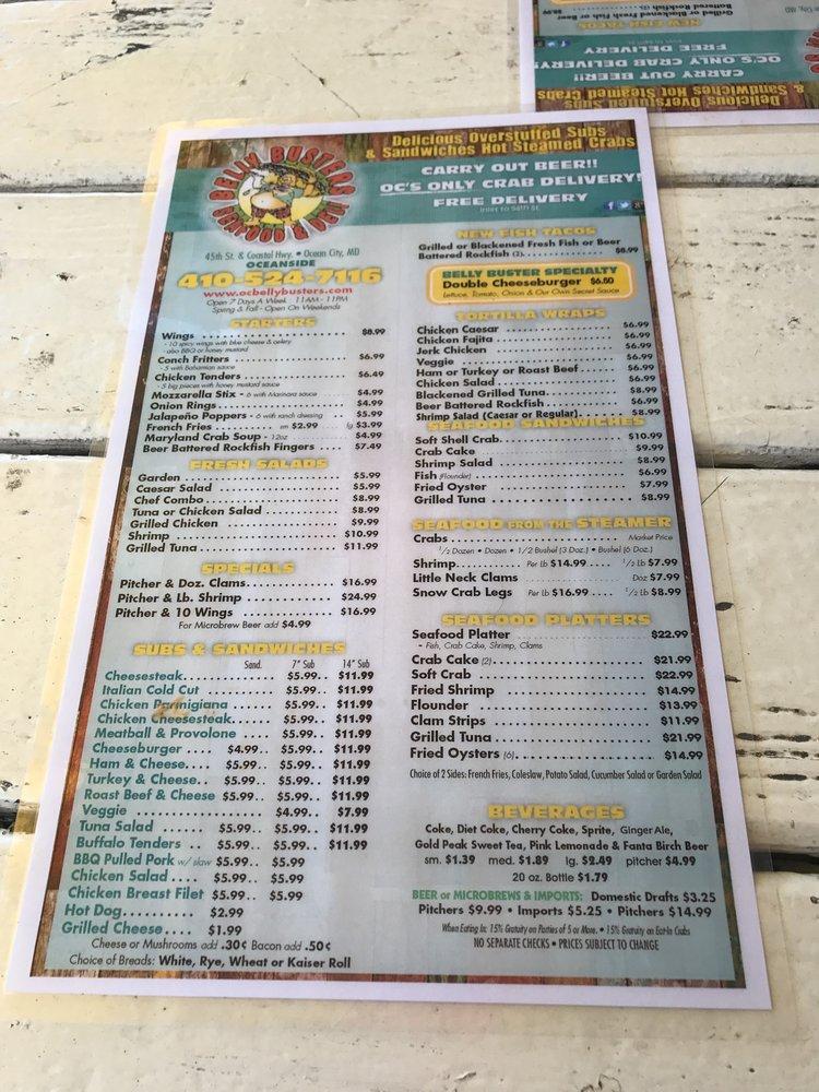 Menu at Belly Busters restaurant, Ocean City